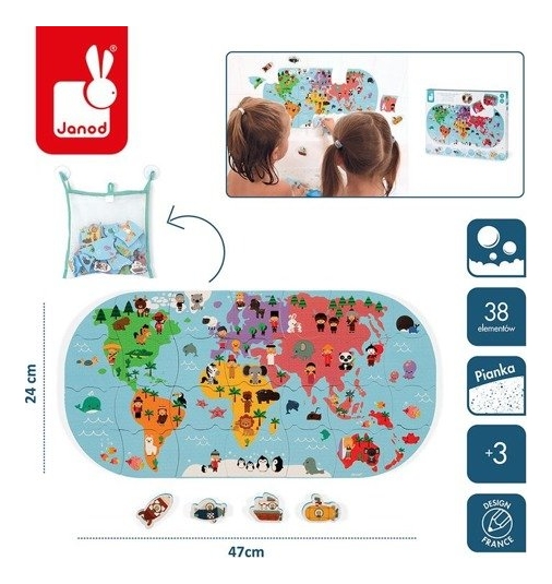 Janod Puzzle do kąpieli Mapa świata 28 elementów 3+ | TOMI.pl