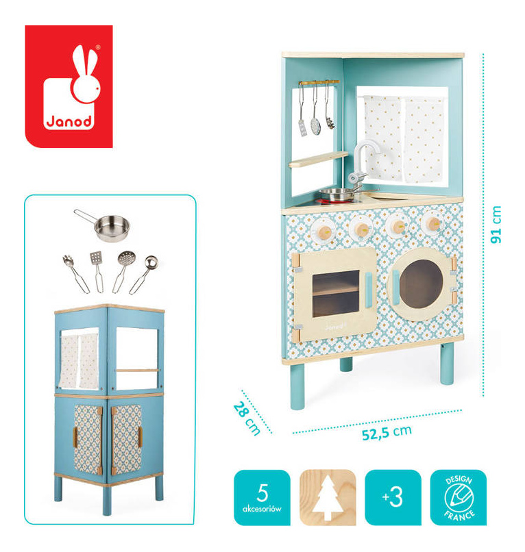 Janod trójstronna drewniana kuchnia narożna Trio z 5 akcesoriami 3 ...