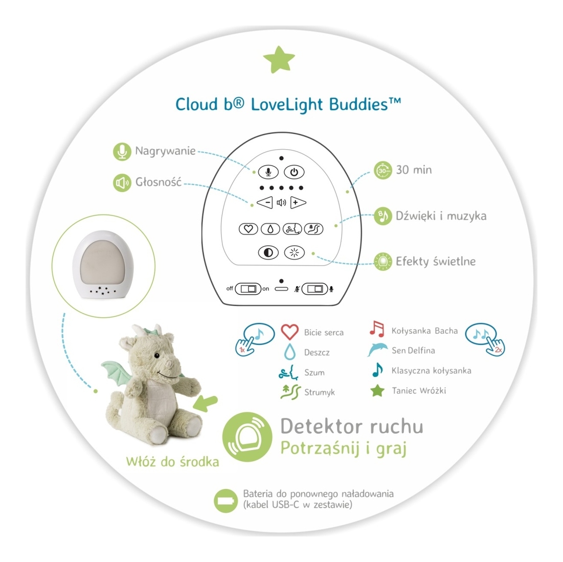 Cloud B LoveLight Buddies Drake the Dragon szumiąca przytulanka z pozytywką i czujnikiem ruchu ...